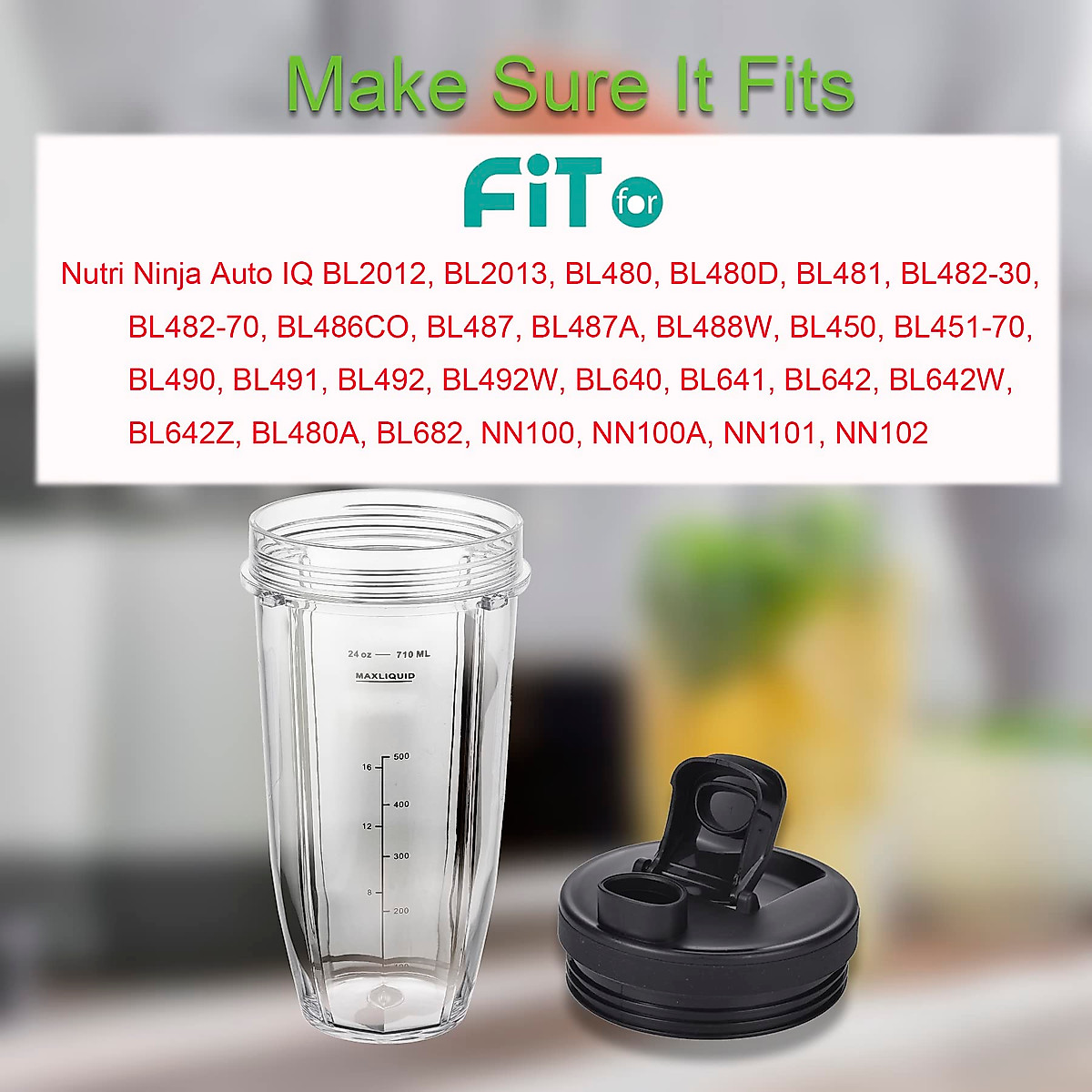 [Upgraded] Replacement 24oz Nutri Ninja Blender Cup with Sip & Seal Lid For BL450 BL454 BL456 BL480 BL482 BL640 BL642 BL682 BN751 BN801 Foodi SS101 SS351 SS401 Ninja Blender Auto IQ Blade, 2 Pack