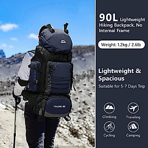 Waterproof Hiking Backpack 90L, Camping Backpack with Rain Cover, High Performance Hiking Mountaineering Backpack (deep blue)