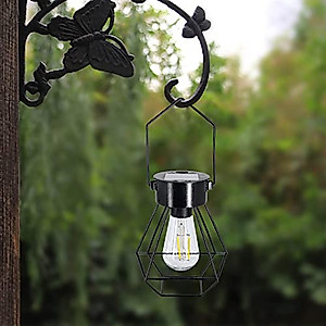 Hanging Solar Lanterns Outdoor Decor - 2 Pack Solar Decorative Table Lights with Edison Bulbs for Patio Waterproof (Black)