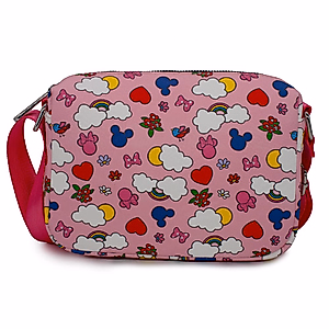 Disney Bag, Crossbody, Mickey and Minnie Rainbow and Flowers, Pink Vegan Leather