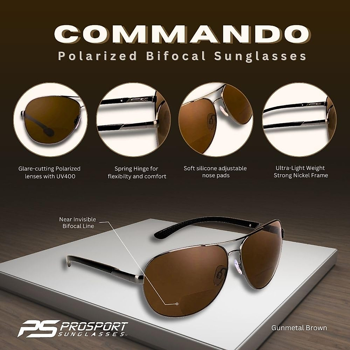 proSPORT Aviator Polarized Bifocal Sunglass Readers Fishing Driving Brown Lens Spring Hinge Men Women 2.5 1.50 1.75 2.00 2.25 2.50