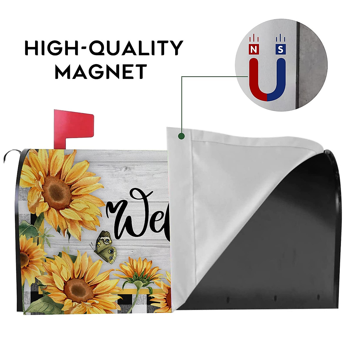 Auirre Spring Summer Welcome Mailbox Cover Magnetic Standard 21" x 18", Sunflower Butterfly Decorative Flower Buffalo Plaid Check Fall Post Letter Box Wrap Farmhouse Rustic Decor for Garden Yard