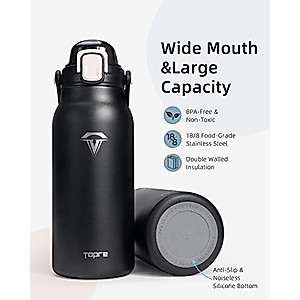 Topre 64 oz Insulated Water Bottle, Half Gallon Vacuum Double Walled Stainless Steel Large Metal Flask, Wide Mouth Jug with Handle Straw Auto Chug Lids,Keeps Cold & Hot for Sports Gym,Black