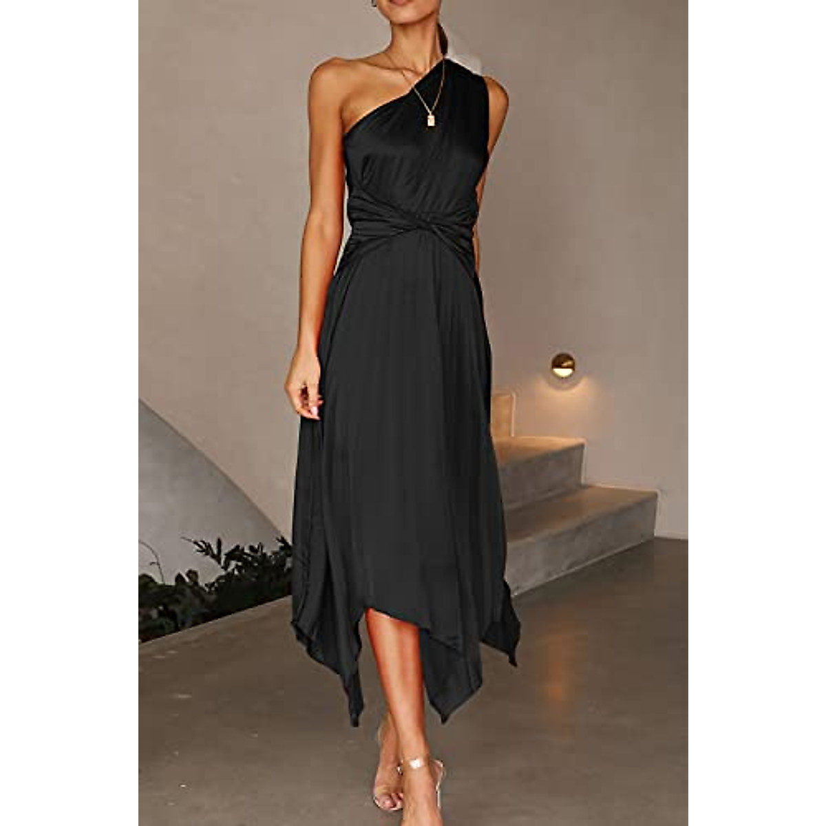 PRETTYGARDEN Women's Summer Long Satin Dress One Shoulder Sleeveless Ruched Twist Flowy Maxi Dresses (Black,Medium)