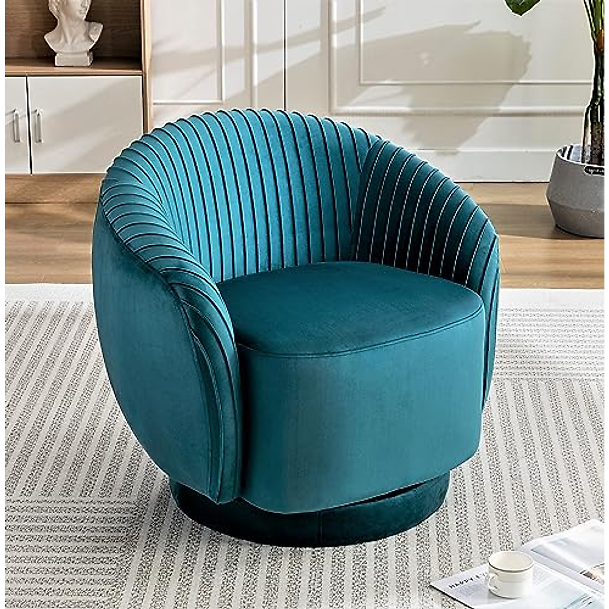 US Pride Furniture Contemporary Velvet Swivel Barrel Chair with 360° Spin Capability, Round Accent One-Seater Sofa for Living Room, Bedroom, and Office, Greenish Blue