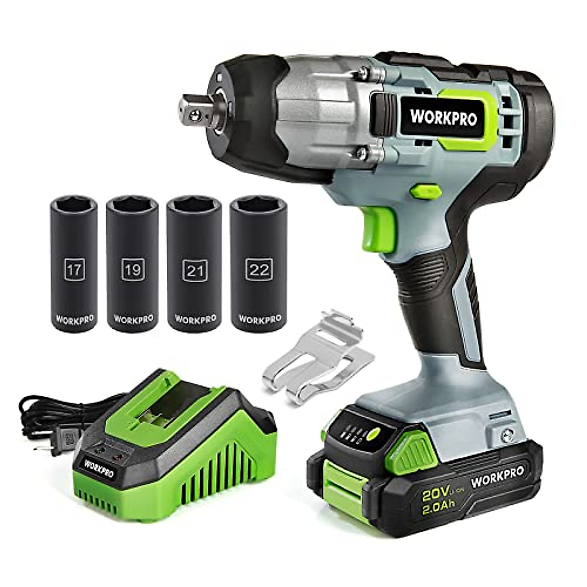 WORKPRO 20V Cordless Impact Wrench, 1/2-inch, 320 Ft Pounds Max Torque, 4Pcs Drive Impact Sockets, 2.0Ah Li-ion Battery with Fast Charger, Belt Clip for Easy Carrying