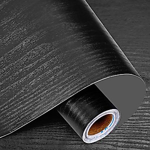 HATOKU 17.7" x 196" Black Wood Peel and Stick Wallpaper, Contact Paper for Cabinets PVC Self Adhesive Wallpaper for Desk Drawer Shelf Liner