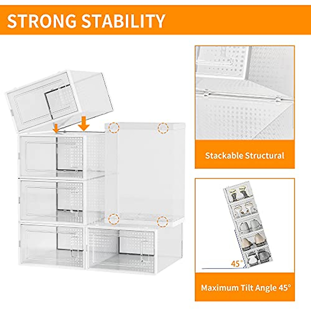 WAYTRIM Stackable Sneaker Storage Shoe Box, Foldable 10 Pack Storage Container 6 Small and 4 Large Clean Plastic Shoe Storage Organizers Drop Front Stackable and Foldable Box for Sneakers - White