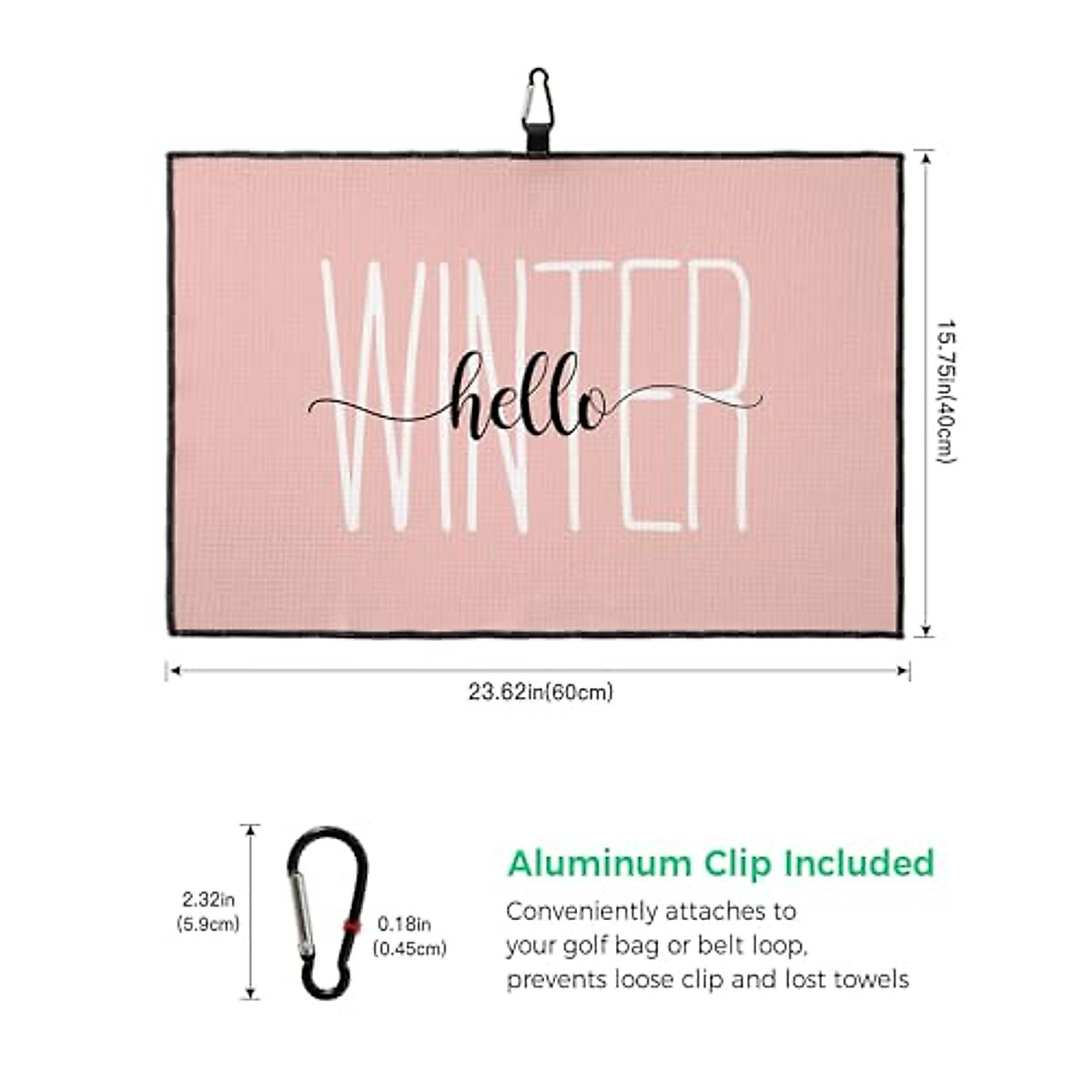 Golf Towel Christmas Winter Word Pink,Waffle Pattern Microfiber Club Cleaner Golf Towels with Carabiner Clip for Women Men Dad,Black White Word Minimalism Art Golf Towel for Golf Bags,24x16in