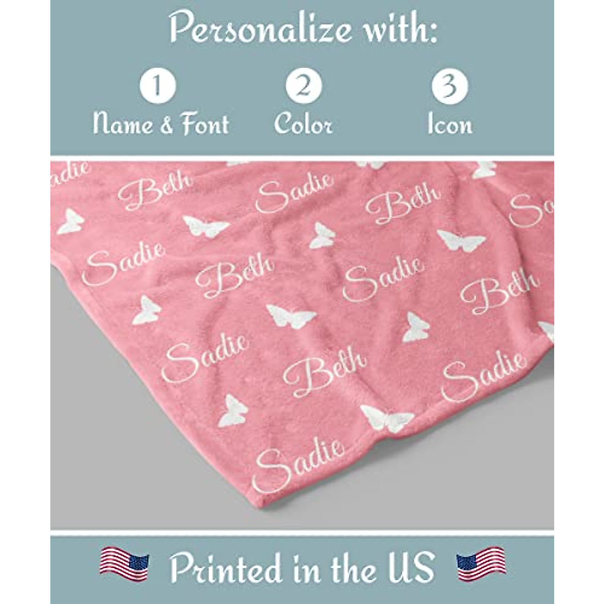 Happy Vibes Mall Personalized Baby Blankets for Girls and Boys with Name and Icon - Custom Baby Blanket for Newborn Infant or Toddler (30x40)