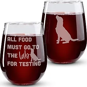On The Rox Drinks Labrador Gifts for Labrador Lovers- All Food Must Go To The Lab For Testing Stemless Wine Glass Set of 2- Chocolate Lab Wine Glass - Dog Face, Black Labrador Gifts
