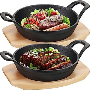 FoldTier 2 Set Small Cast Iron Skillets Mini Round Cast Iron Skillets Set 6.3 Inch 4.9 Inch Skillet Fajita Plate with Wooden Base Steak Skillet Dish Pan for Kitchen Restaurant Barbecue(6.3 Inches)