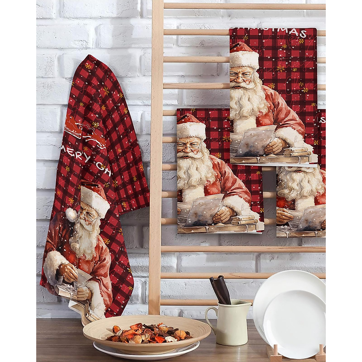 Onekaccu Watercolor Santa Claus Dish Towels Set, Waffle Weave Kitchen Towels Microfiber Towels Cleaning Christmas Elk Snowflake Red Soft Absorbent Dish Drying Towels Hand Towels 2 Pack 15.7x23.6 in