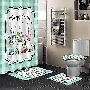 OneHoney Shower Curtain Sets 4 Pieces with Non-Slip Rugs Easter Gnome with Spring Flowers and Eggs,Waterproof Bathroom Curtains, Teal Buffalo Plaid Decor Bath Mat, Toilet Lid Cover and Floor Door Mat