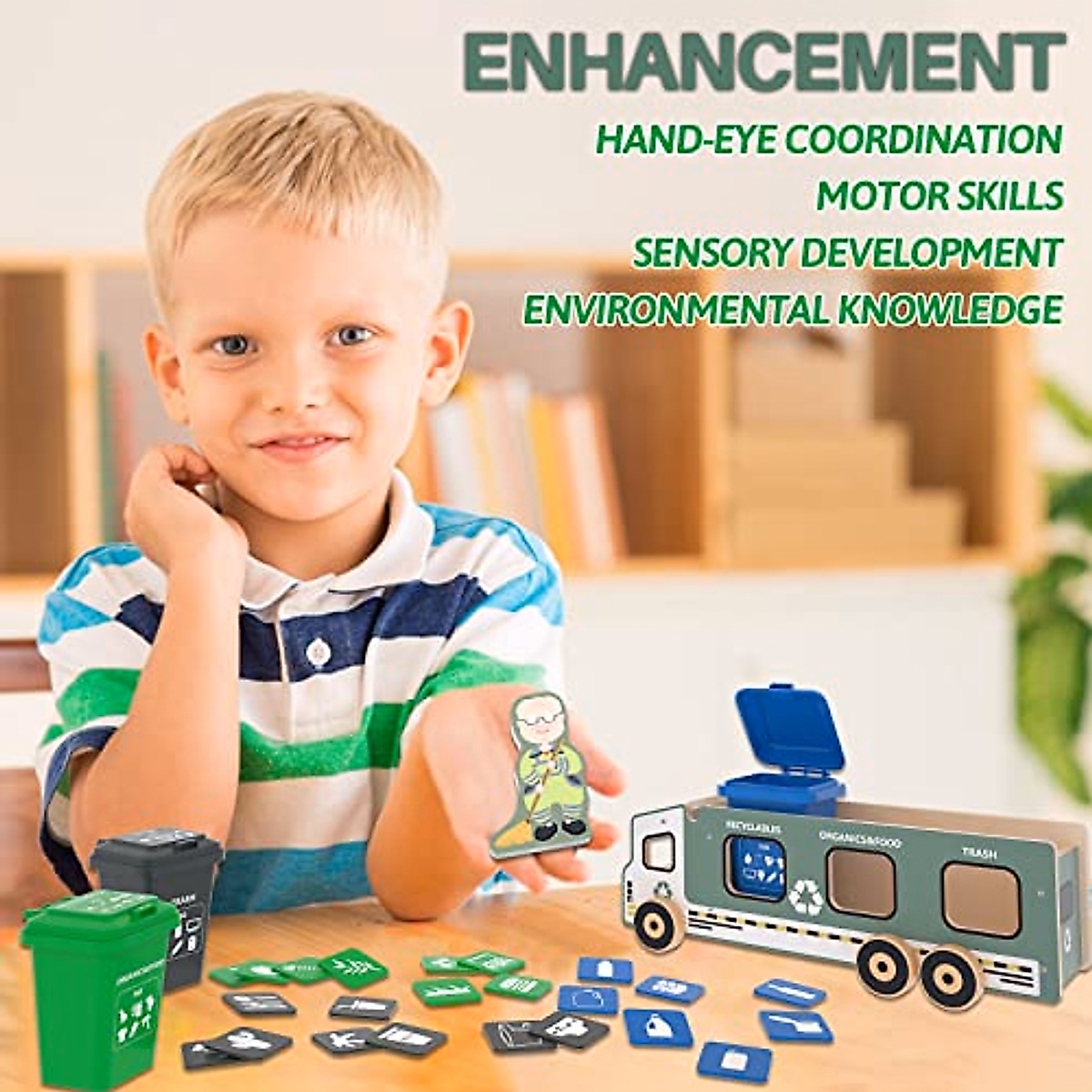 DUKVSG Large Wooden Garbage Truck Toy, Waste Management Recycling Truck Toy with 3 Trash Cans, Educational Toys and Gift for Kids, Toddlers, Boys, Girls 3 4 5 6 7 Years Old