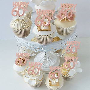 24 PCS Happy 60th Cupcake Toppers Glitter Sixty Cheers to 60 Fabulous Cupcake Picks Number 60 Birthday Cake Decorations for 60th Birthday Wedding Anniversary Retirement Party Supplies Rose Gold