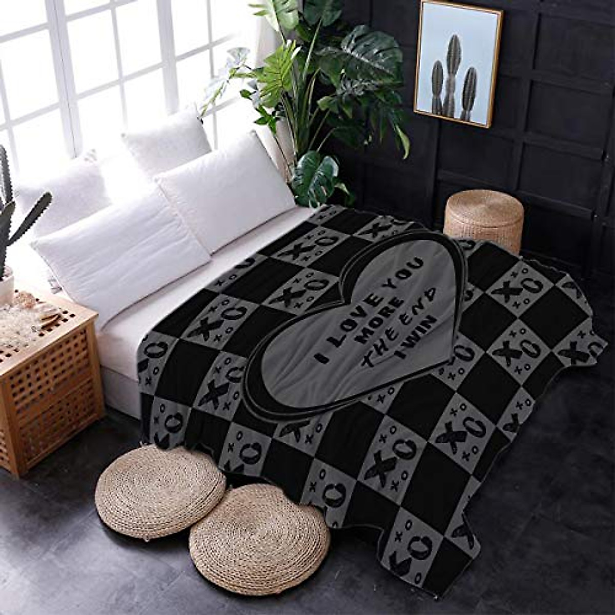 SIGOUYI Flannel Fleece Blanket for All Season Lightweight Throw for Bed Couch Chair Extra Soft Brush Fabric Warm Sofa Blankets, I Love You More The End I Win Black Gray Heart 60"x80"