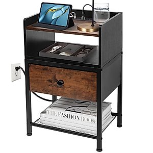 TooCust Tall End Table with Charging Station-Raised Baffle Design on The Top,12" W×16" D×24" H,3-Tier Rustic Nightstand with Drawer, End Tables with USB Ports and Outlet, Vintage Bedside Table