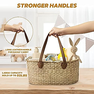 GAIAMADE Seagrass Diaper Caddy, Practical Diaper Holder with Handles, Hand-woven Baby Diaper Caddy Organizer, Neutral Nursery Organizing, Decoration and Gift (included 2 Cotton Drawstring Bags)