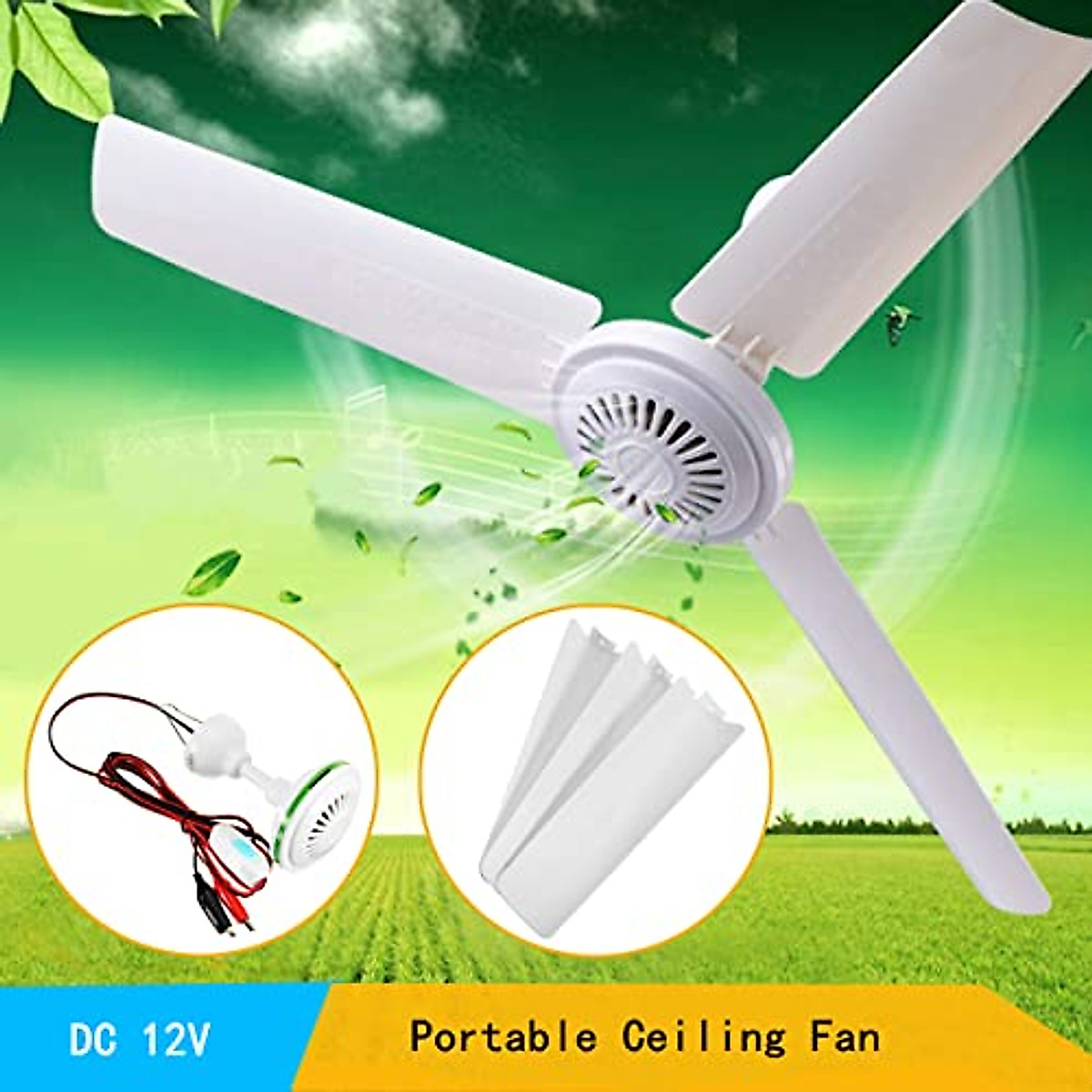 EXDOLL Portable Ceiling Fan 12V DC Mini Hanging Fan 19.7” Silent Camping Tent Hanging Fan Mute Energy-Saving Fans Bedroom Breeze Gazebo Fan Battery Powered