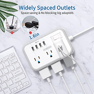 2 Pack Power Strips, NTONPOWER Flat Plug Power Strip with USB, 6 Outlets 4 USB Desktop Charging Station with 5 ft Extension Cord Wall Mount for Cruise, Travel, Hotel, Indoor, Nightstand, Office, White