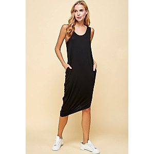 Emma's Closet Women's Tank Dress - Sleeveless Scoop Neck Soft Modal Casual Midi One Piece with Pockets GD2317 Black M