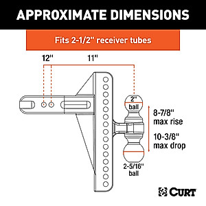CURT 45927 Adjustable Trailer Hitch Ball Mount, 2-1/2-Inch Receiver, 10-3/8-Inch Drop, 2 and 2-5/16-Inch Balls, 20,000 lbs, Black