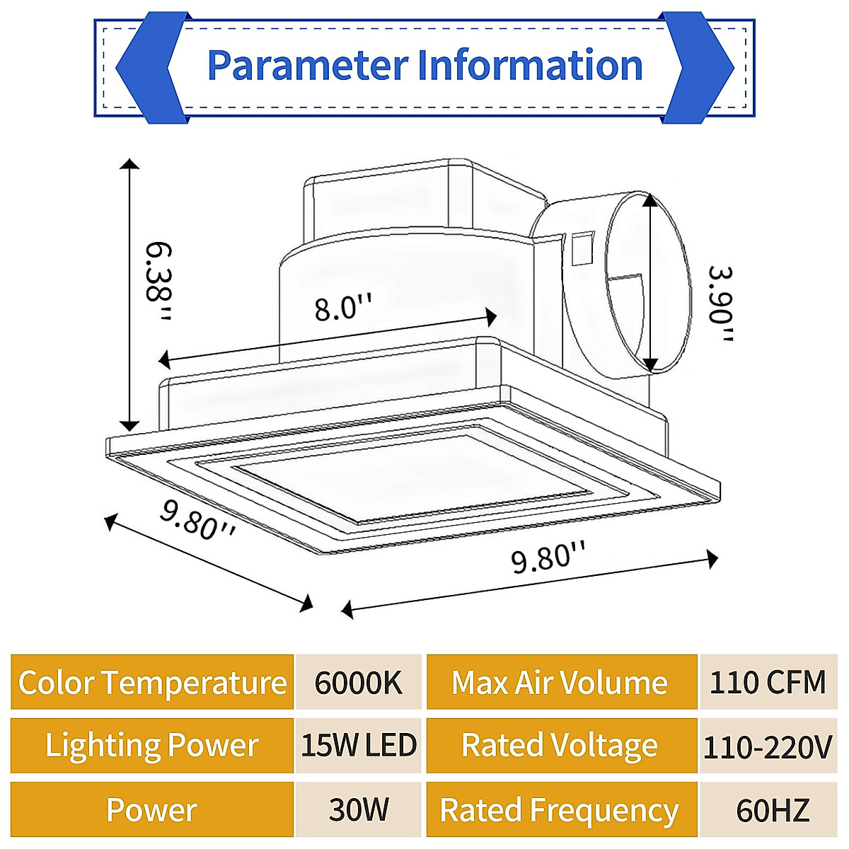 Yopmb Bathroom Exhaust Fan with LED Light ，Square Ceiling Mount Quiet Exhaust Fan for Shower/Bathroom/Office/Home/Restroom，1.0Sone 110 CFM 110V 4" Duct, White