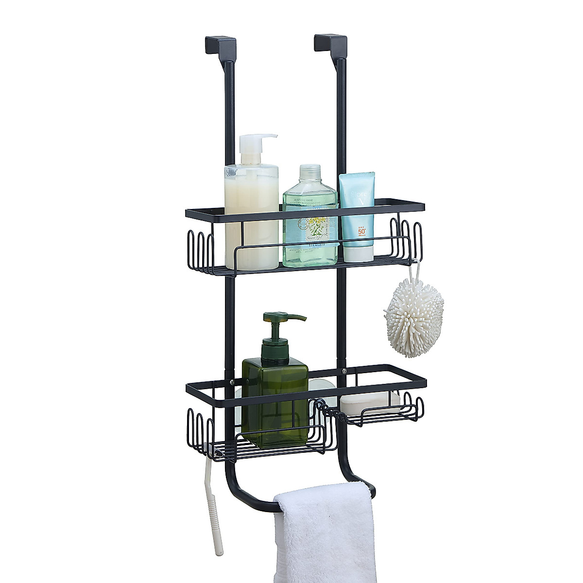 SunnyPoint Classic Metal Bathroom Shower Caddy, Over Door Hanging Storage Organizer Basket (Standard, Black)