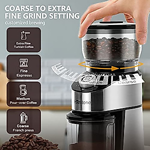 Homtone Electric Coffee Grinder Conical Burr, Adjustable Stainless Steel Burr Coffee Grinder with 14 Precise Grind Setting, 12 Cup Coffee Grinder for Espresso, Drip Coffee, French Press