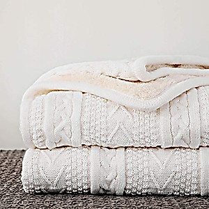 Longhui bedding Acrylic Cable Knit Sherpa Throw Blanket – Thick, Soft, Big, Cozy Ivory White Knitted Fleece Blankets for Couch, Sofa, Bed – Large 50 x 63 Inches Ivory White Coverlet All Season