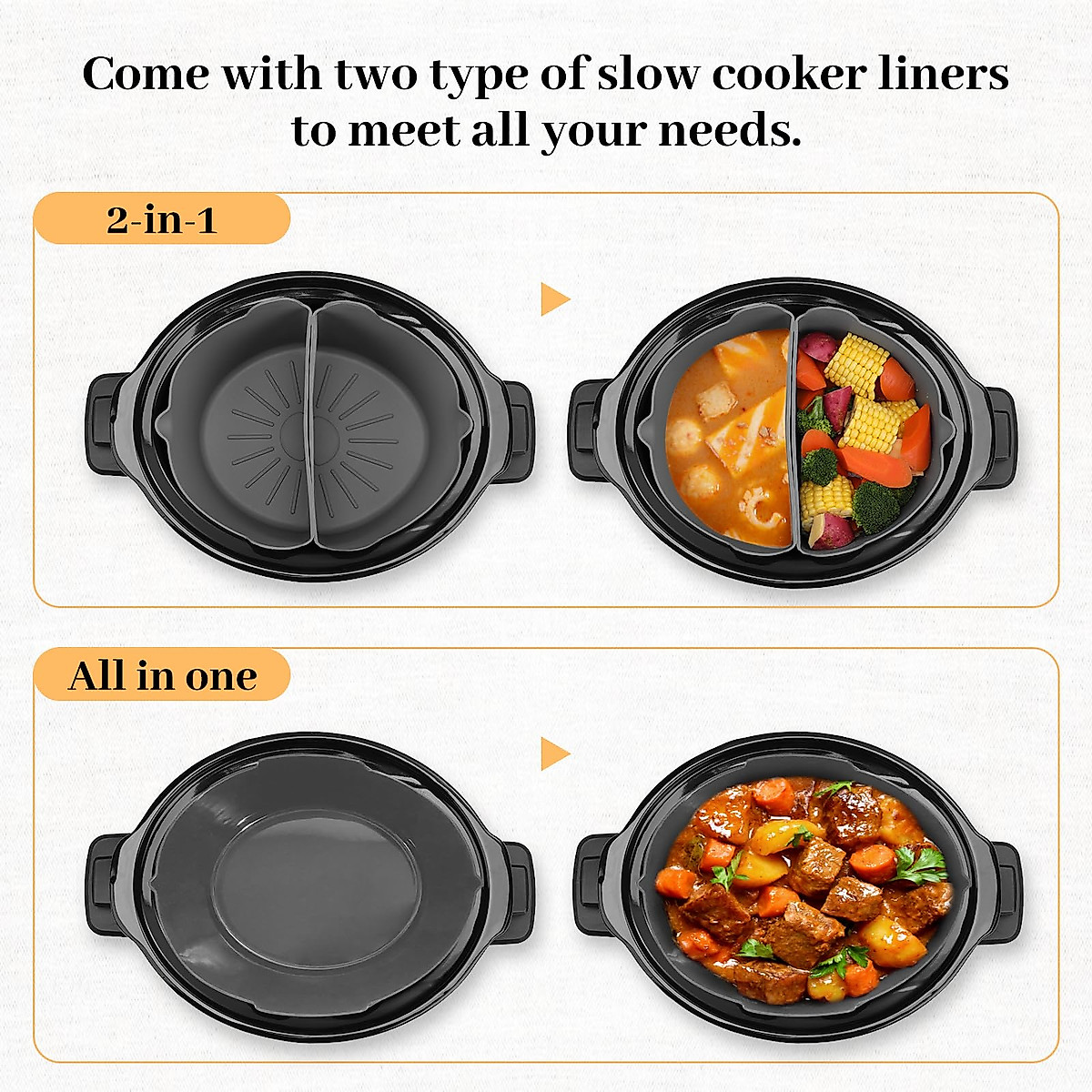 Silicone Slow Cooker Liners, 3 Pack Reusable Divider Insert Fits Crockpot 6-7 Quarts Oval Slow Cooker Reusable Dishwasher Safe, Food-Grade BPA Free Cooking Liners (Grey-3 Pack)