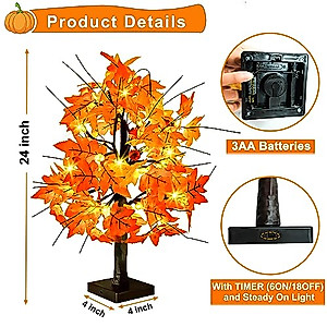 [ 2 Pack & Timer ] 24 Inch Lighted Maple Tree Fall Decorations with 48 LEDs Timer Battery Operated Artificial Autumn Tabletop Tree for Thanksgiving Harvest Indoor Home Decor