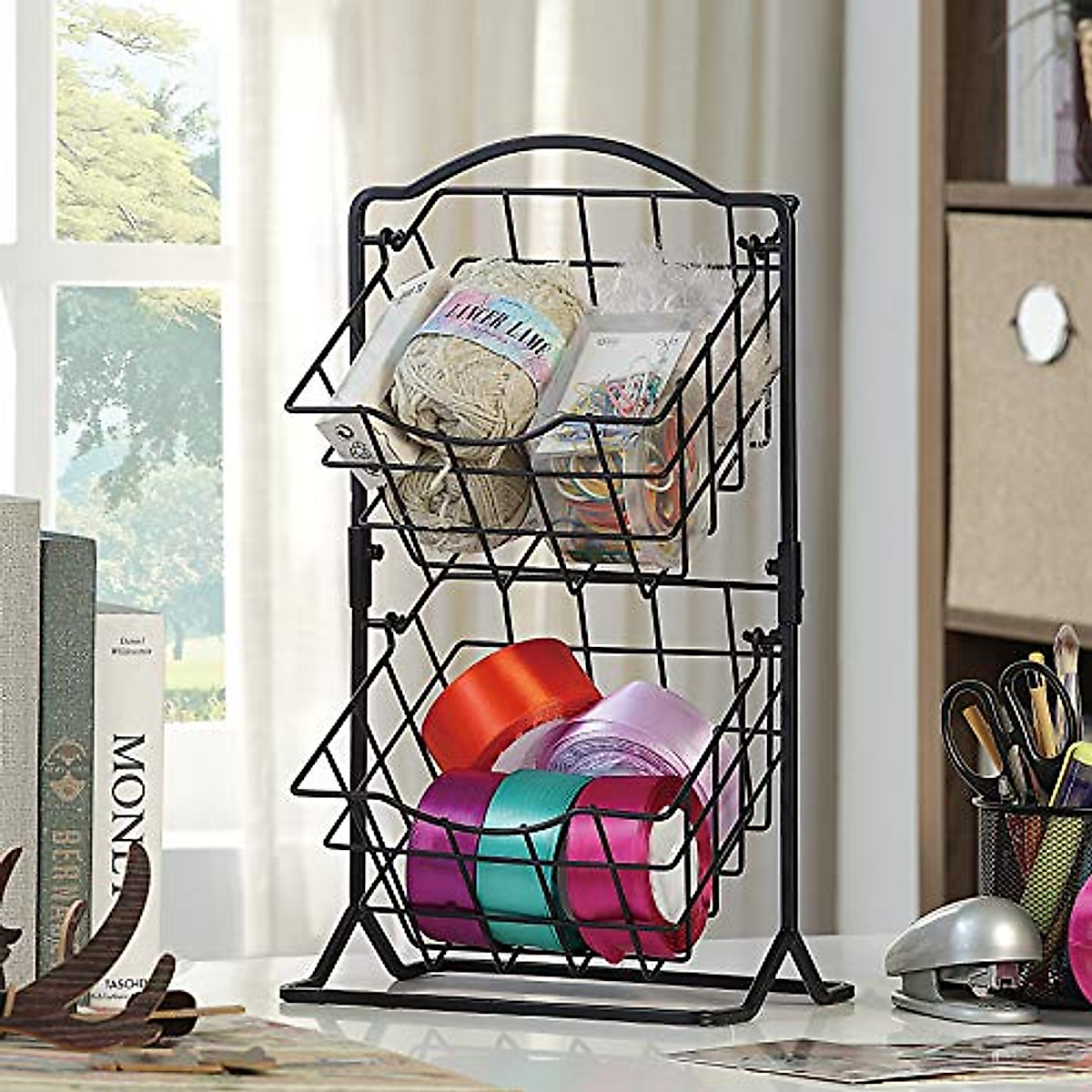 SunnyPoint 2-Tier Metal Mini Countertop Fruit Storage Basket, Antique Black
