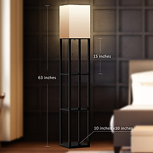 PESRAE Floor Lamp with Shelves by Solid Wood, Modern Shelf Floor Lamp with 3 Color Temperature, Linen Lampshade and Storage Shelves for Living Room, Bedroom, Bulb Included, Matte Black