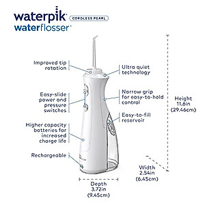 Waterpik Cordless Pearl Rechargeable Portable Water Flosser for Teeth, Gums, Braces Care and Travel with 4 Flossing Tips, ADA Accepted, WF-13 White