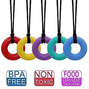 Sensory Chew Necklace for Kids and Adults, 5 Pack Silicone Chewy Toys, Oral Motor Aids Chew Pendant Chewable Toys for Boys and Girls with Autism, ADHD, Reduces Chewing Donut Multicolor