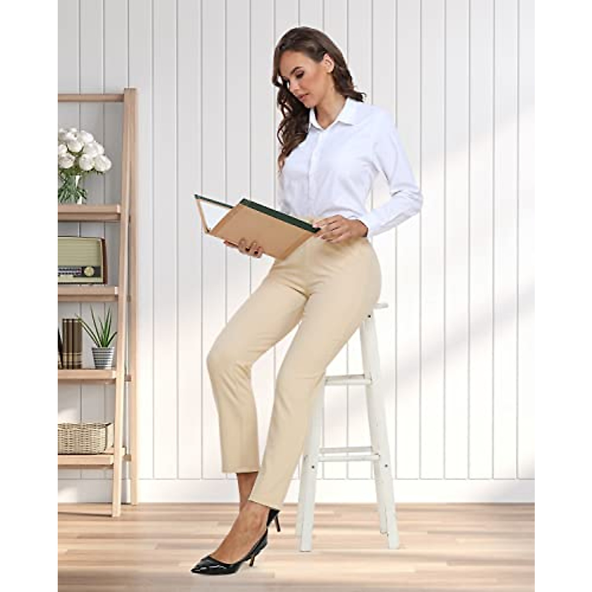 MoFiz Straight Leg Business Casual Dress Pants for Women Stretchy Office Work Teacher Petite Pants High Waisted Golf Slacks Pull On Trousers Khaki L