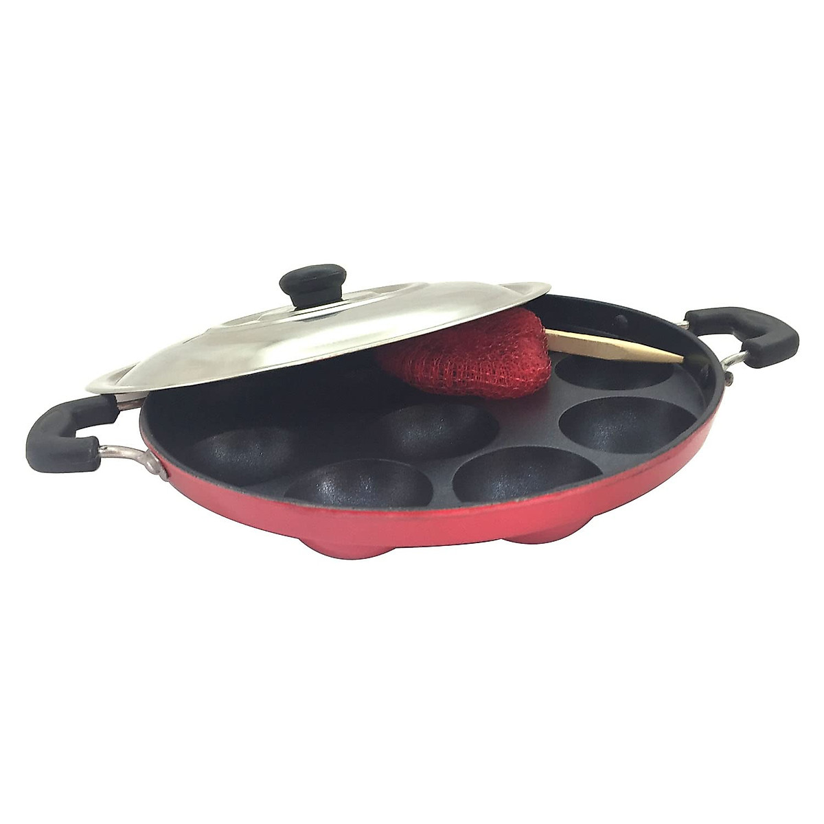 DBY Appam Pan Non Stick Appam Patra 12 Pits Appam Maker Appam Patra Paniyaram Pancake Pastry Pan Appachetty with 2 Side Handle And Stainless Steel Lid