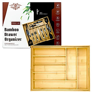 Rosas Corp Bamboo Expandable Kitchen Drawer Organizer - 100% Pure Bamboo, 7 to 9 Compartments Adjustable Drawer Dividers Organizer for Silverware, Cutlery Tray, Flatware and Other Kitchen Utensils