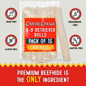 Canine Chews 8-9" Rawhide Retriever Rolls (15 pk) - Rawhide Bones for Large Dogs - 100% USA-Sourced Natural Beef Rawhide Bones - Single Ingredient Dog Rawhide Chews - Dental Health Dog Rawhide Bones