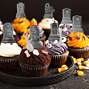 Whaline 37Pcs Halloween Cupcake Toppers Zombie Hand Tombstone Graveyard Cake Toppers Scary Halloween Toothpick Flags Table Centerpiece for Halloween Birthday Party Supplies Dessert Decorations
