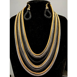 MMonesu Long Statement Necklace Waterfall Multi Strand Statement Bib Necklace Alloy Multi Layer Choker 10 Layers Chunky Collar Jewelry，Long Chains，Dress Prom Party (Gold-Black-Silver)