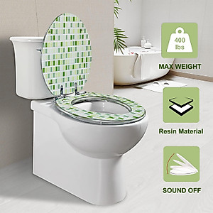 Resin Elongated Toilet Seat with Cover Quiet Close Quick Release Hinges green ceramic mosaic Decorative Toilet Seat Easy to Clean Install Home Decor