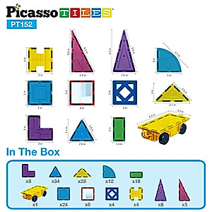 PicassoTiles 152pcs Clear Magnetic Tiles Set, Expansion Pack, Creative Magnet Building Blocks, Kindergarten Preschool Toddler Classroom Toys, Educational Learning STEM Toys for Boys and Girls
