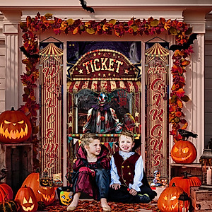 3 Pcs Halloween Creepy Carnival Decorations Scary Ticket Booth Circus Theme Door Cover and 2Pcs Evil Circus Porch Banner for Halloween Eve Circus Theme Outdoor Decorations