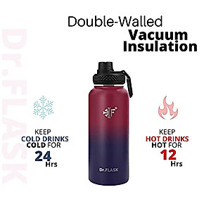 Dr.FLASK Sports Water Bottle - 32 Oz, 3 Lids (Straw Lid), Leak Proof, Vacuum Insulated Stainless Steel, Double Walled, Thermo Mug, Metal Canteen