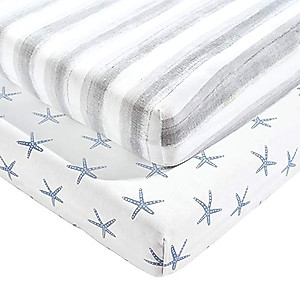Lush Decor Baby Seaside Starfish Organic Cotton 2 Pack Fitted Crib Sheet, Blue, 52" L x 28" W + 9" Drop