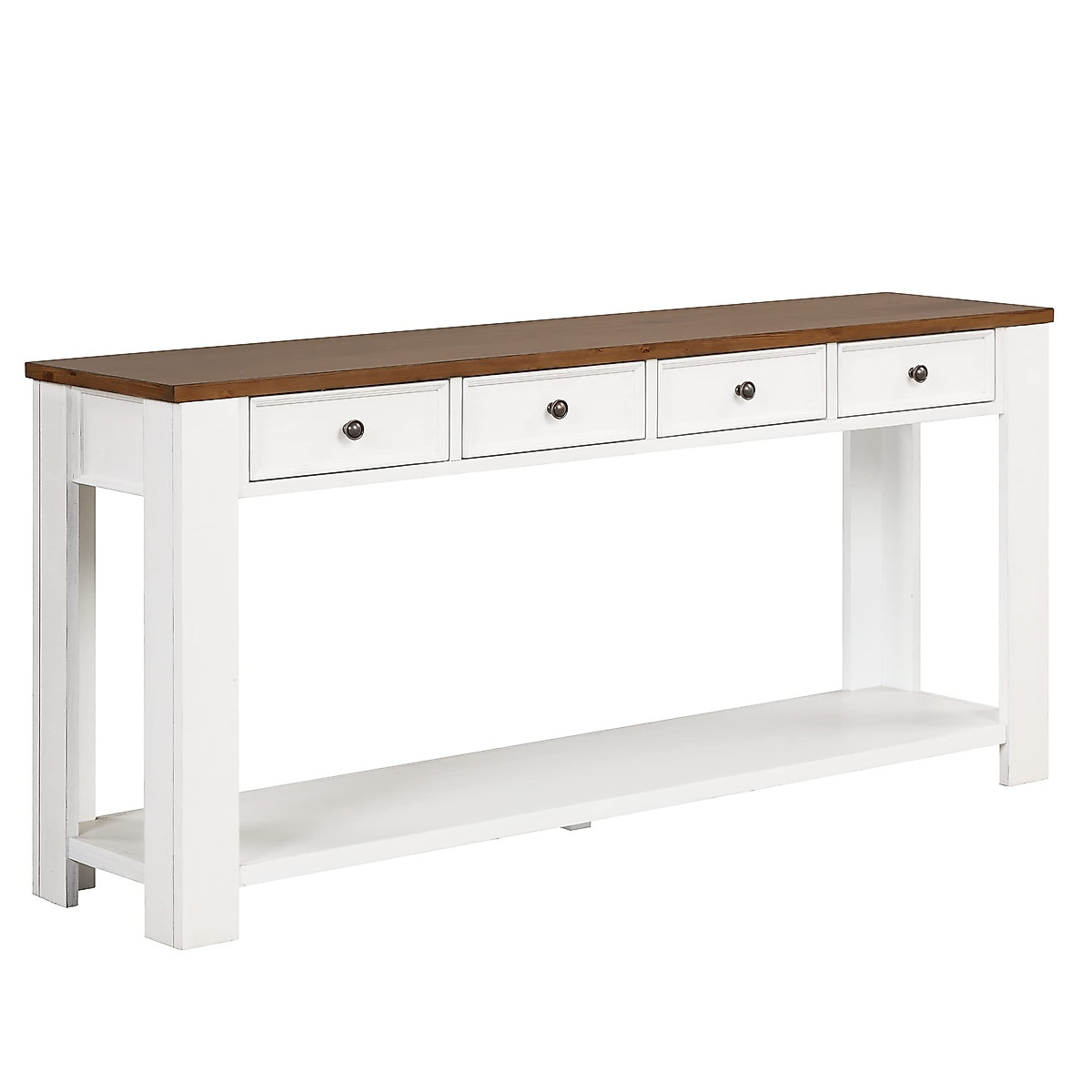 Lecafur HL 64" Entryway Console Table with 4 Drawers and Bottom Shelf Rustic Farmhouse Solid Wood Entryway Table Extra Long Sofa Table for Living Room Hallway Bedroom Foyer(Antique White+ Brown Top)