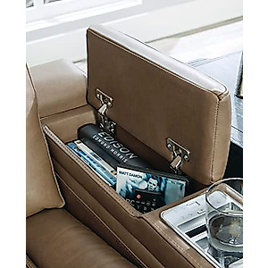 Signature Design by Ashley Strikefirst Contemporary Tufted Leather Power Reclining Loveseat with Console and Adjustable Headrest, Light Brown